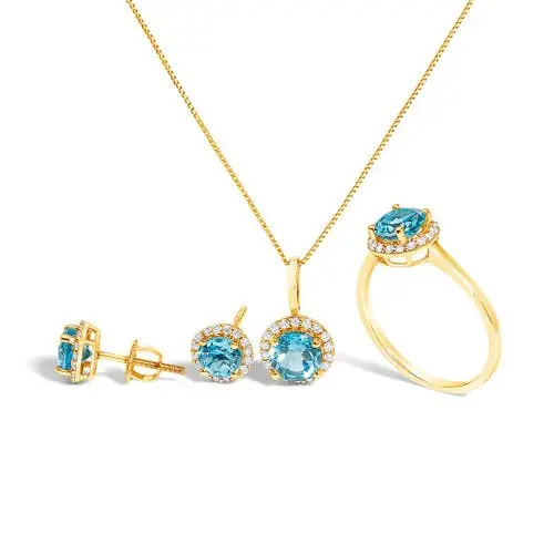 HAUS OF BRILLIANCE 10k Gold Gemstone And Diamond Halo Jewelry Set - Yellow | Blue Topaz